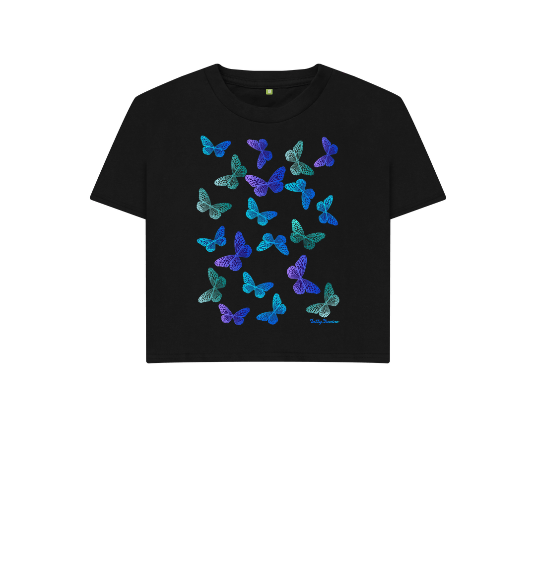 Tatty Devine Blue Butterflies Cropped T-Shirt