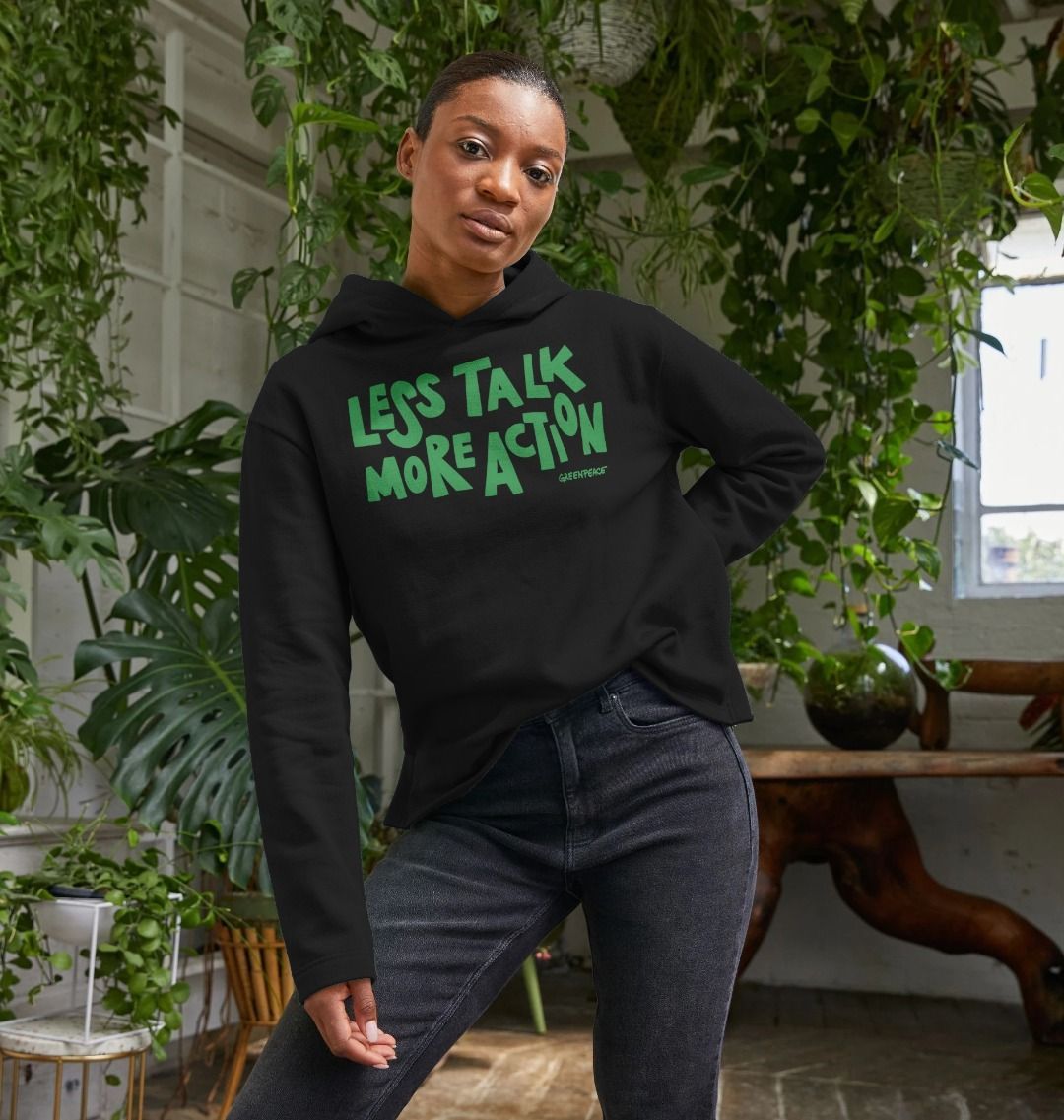 Less Talk More Action Slogan Relaxed Fit Hoodie