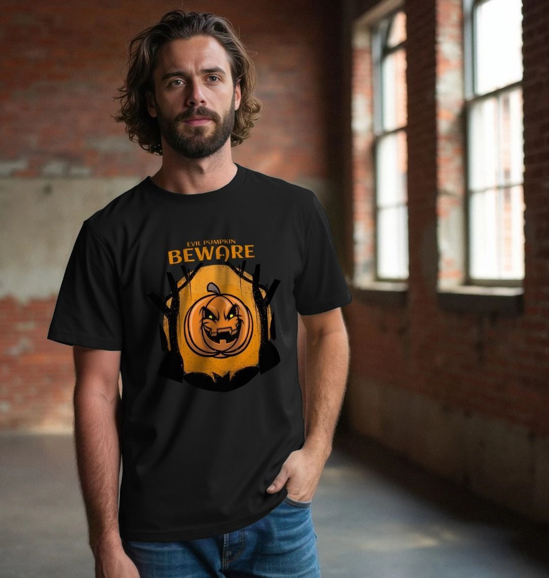 \ud83c\udf83 Evil Pumpkin \u201cBeware\u201d Men\u2019s Halloween T ...